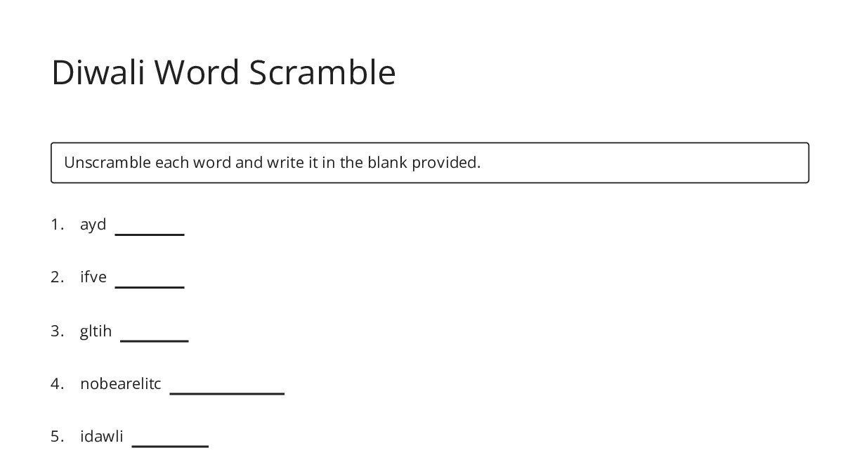 Diwali Word Scramble - My Worksheet Maker: Create Your Own Worksheets