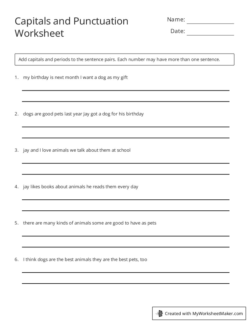 Capitals and Punctuation Worksheet - My Worksheet Maker: Create Your ...
