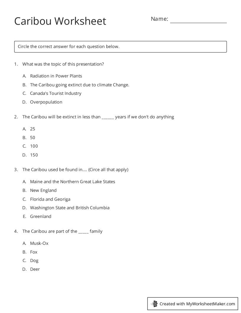 Caribou Worksheet - My Worksheet Maker: Create Your Own Worksheets