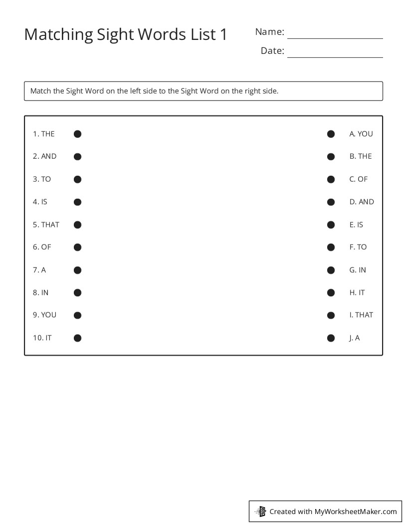 Matching Sight Words List 1 - My Worksheet Maker: Create Your Own ...