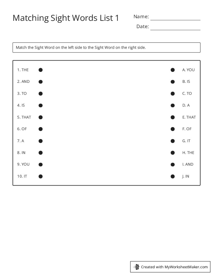 Matching Sight Words List 1 - My Worksheet Maker: Create Your Own ...