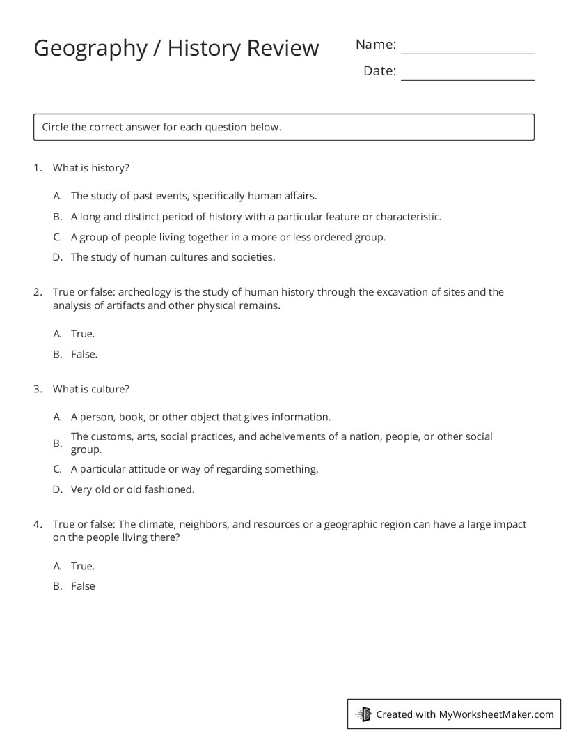 Geography / History Review - My Worksheet Maker: Create Your Own Worksheets