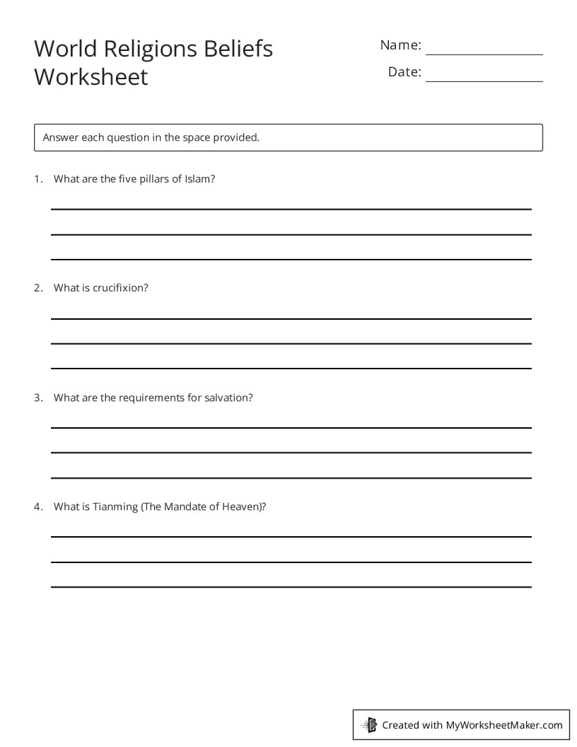 World Religions Beliefs Worksheet - My Worksheet Maker: Create Your Own ...
