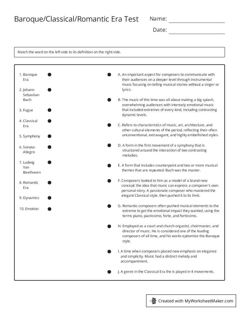 Baroque/Classical/Romantic Era Test - My Worksheet Maker: Create Your ...