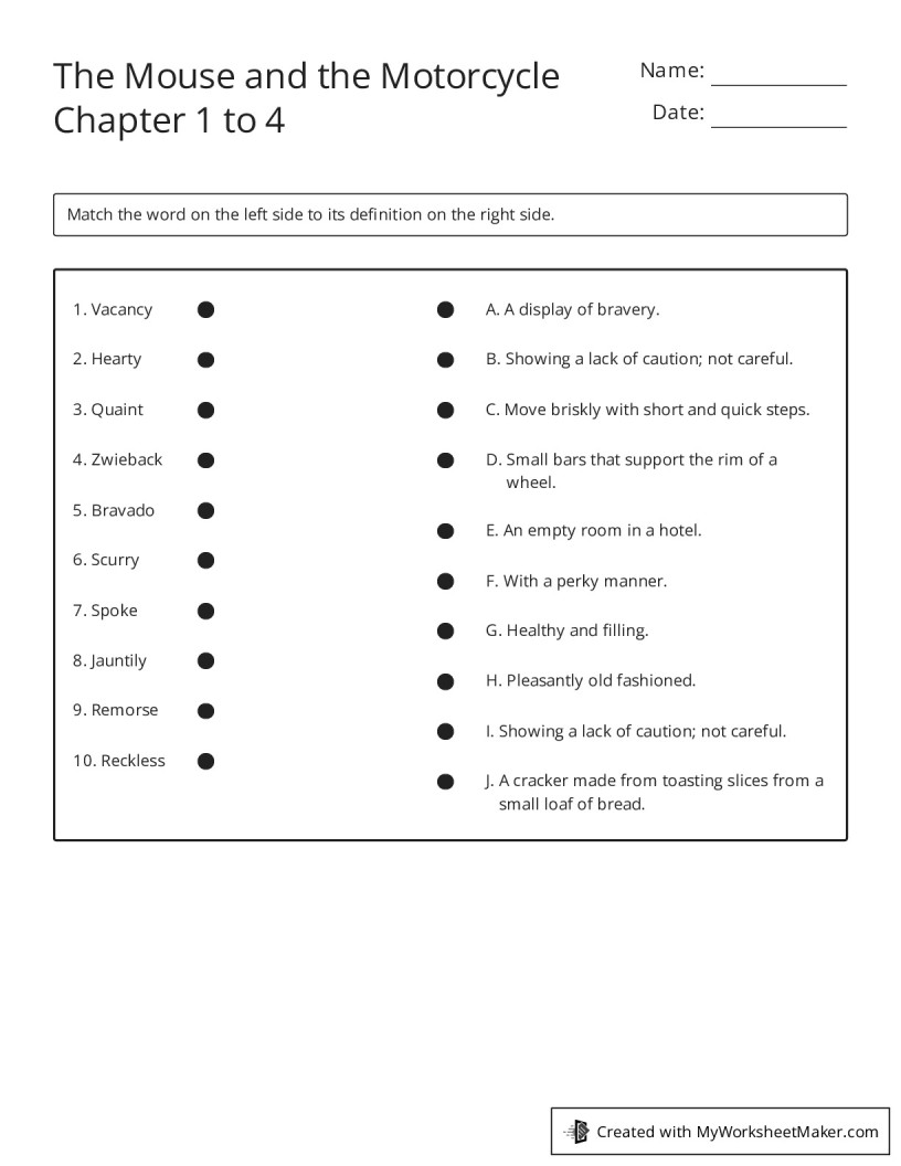 The Mouse and the Motorcycle Chapter 1 to 4 - My Worksheet Maker ...