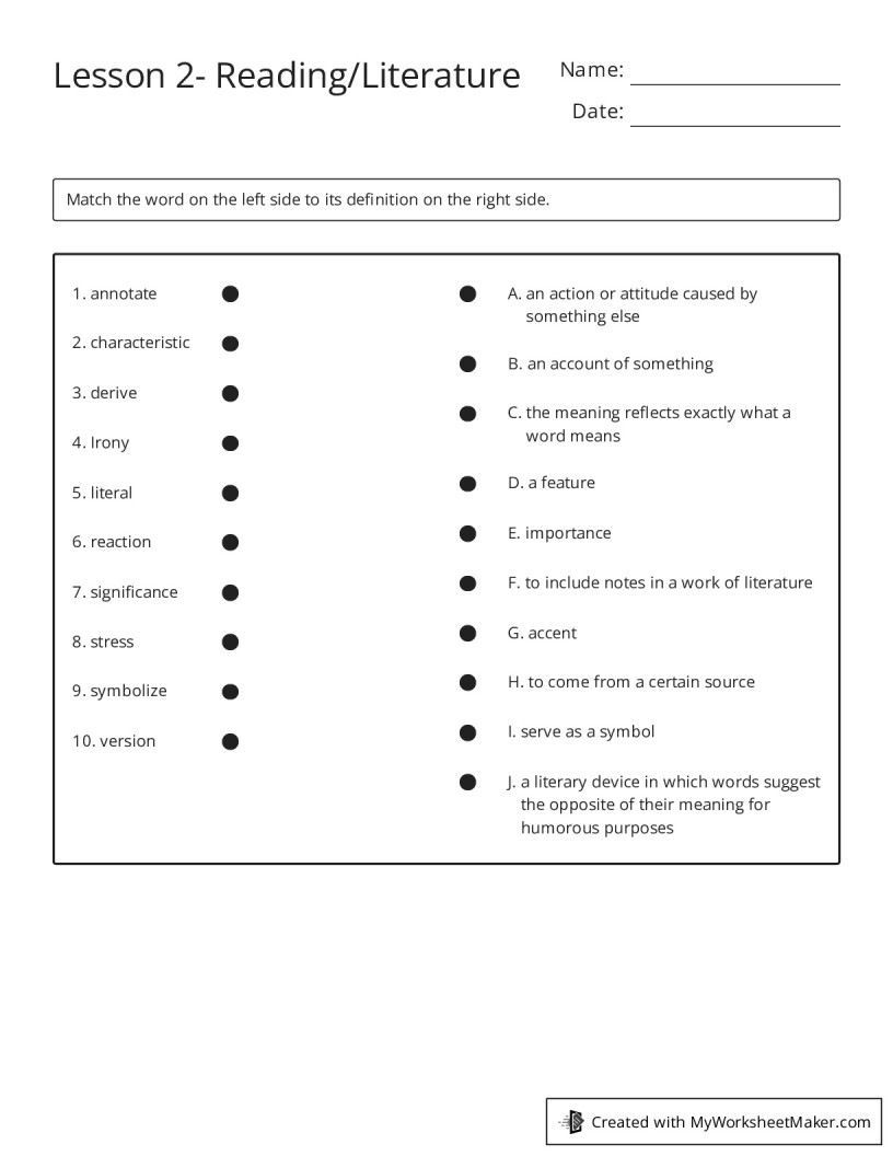 Lesson 2- Reading/Literature - My Worksheet Maker: Create Your Own ...
