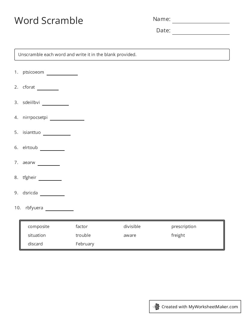 Word Scramble - My Worksheet Maker: Create Your Own Worksheets