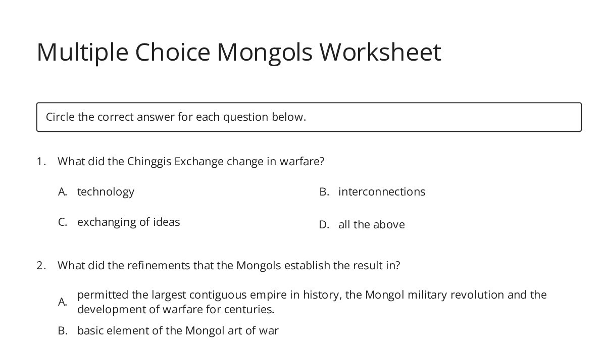 Multiple Choice Mongols Worksheet - My Worksheet Maker: Create Your Own ...
