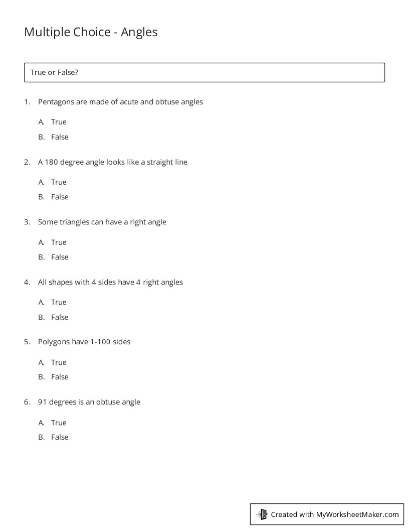 Multiple Choice - Angles - My Worksheet Maker: Create Your Own Worksheets