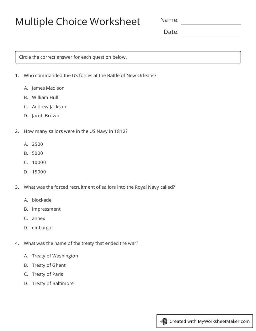 Multiple Choice Worksheet - My Worksheet Maker: Create Your Own Worksheets