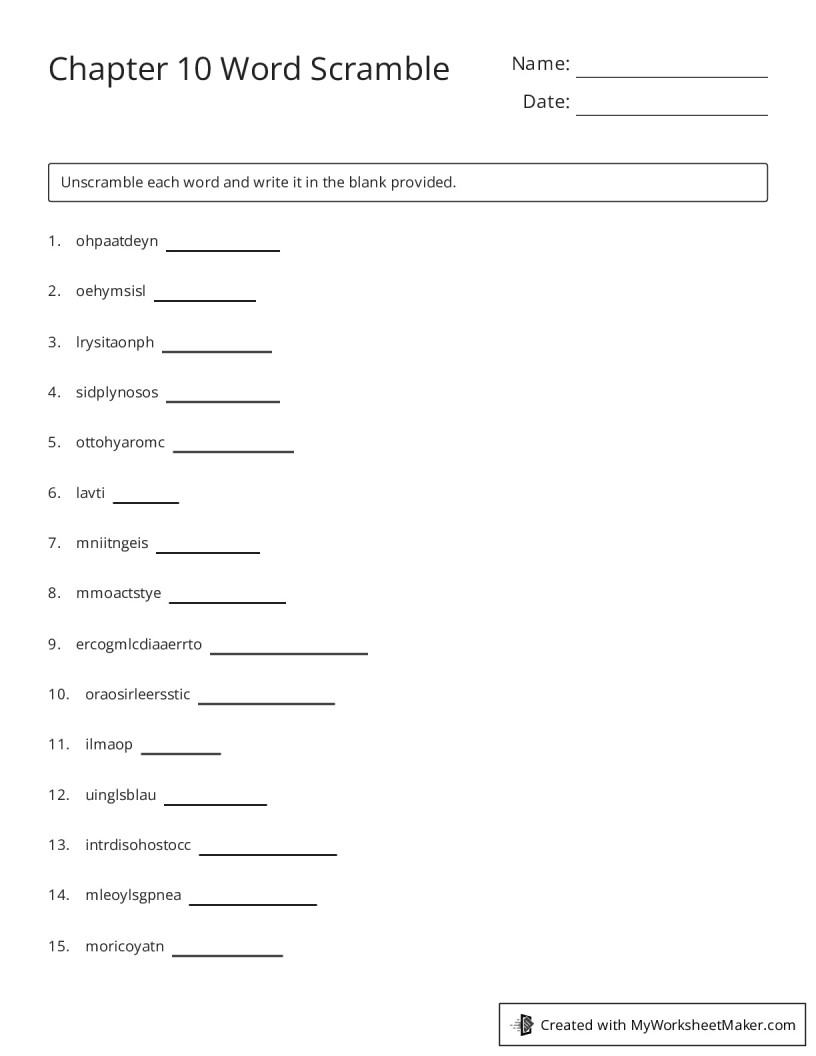 Chapter 10 Word Scramble - My Worksheet Maker: Create Your Own Worksheets
