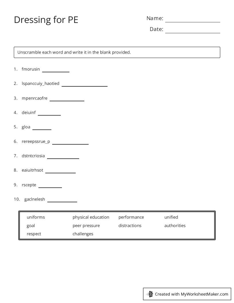 Dressing for PE - My Worksheet Maker: Create Your Own Worksheets