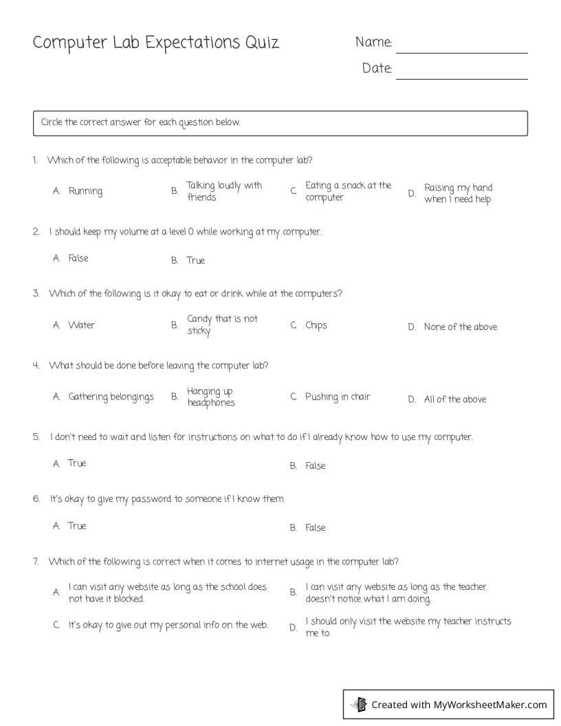 Computer Lab Expectations Quiz - My Worksheet Maker: Create Your Own ...