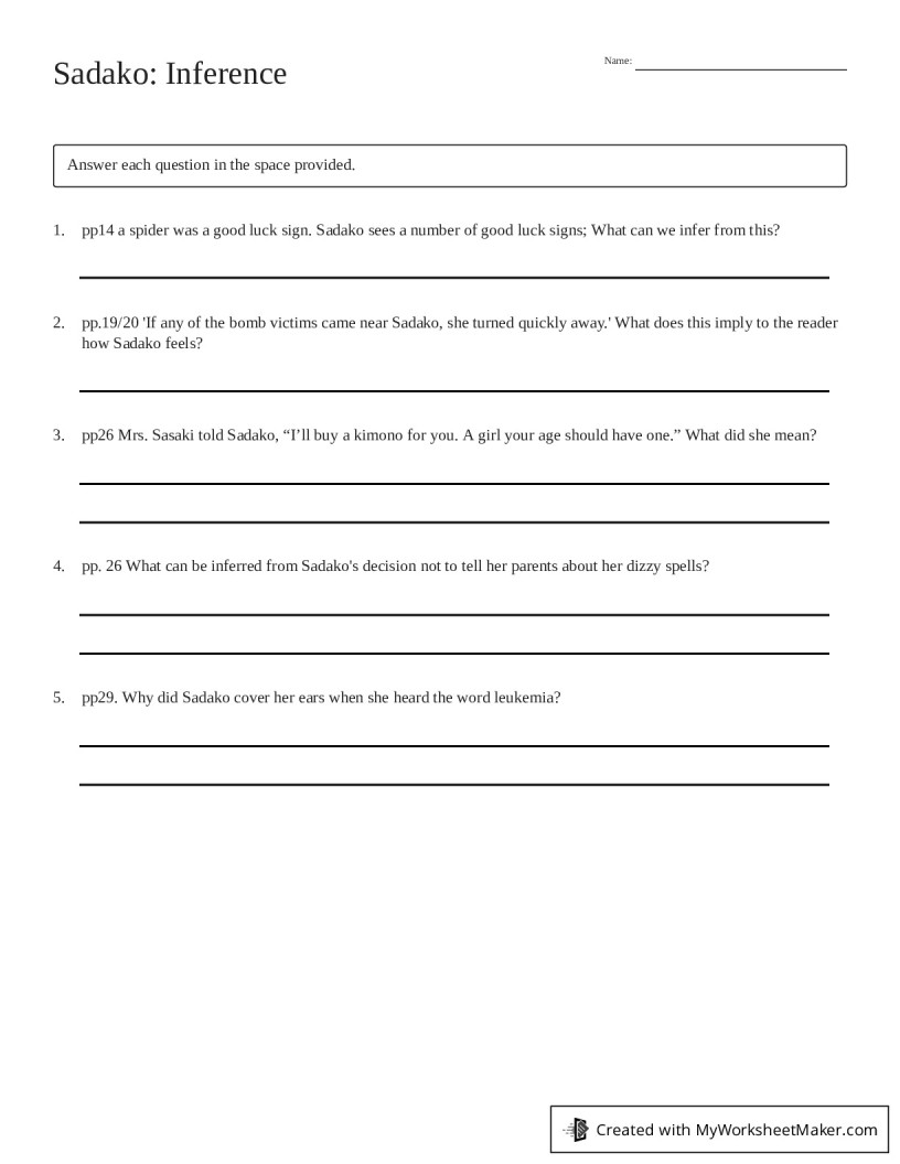 Sadako: Inference - My Worksheet Maker: Create Your Own Worksheets
