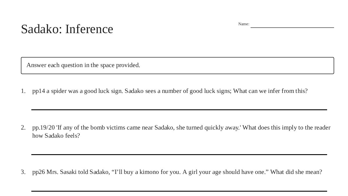 Sadako: Inference - My Worksheet Maker: Create Your Own Worksheets