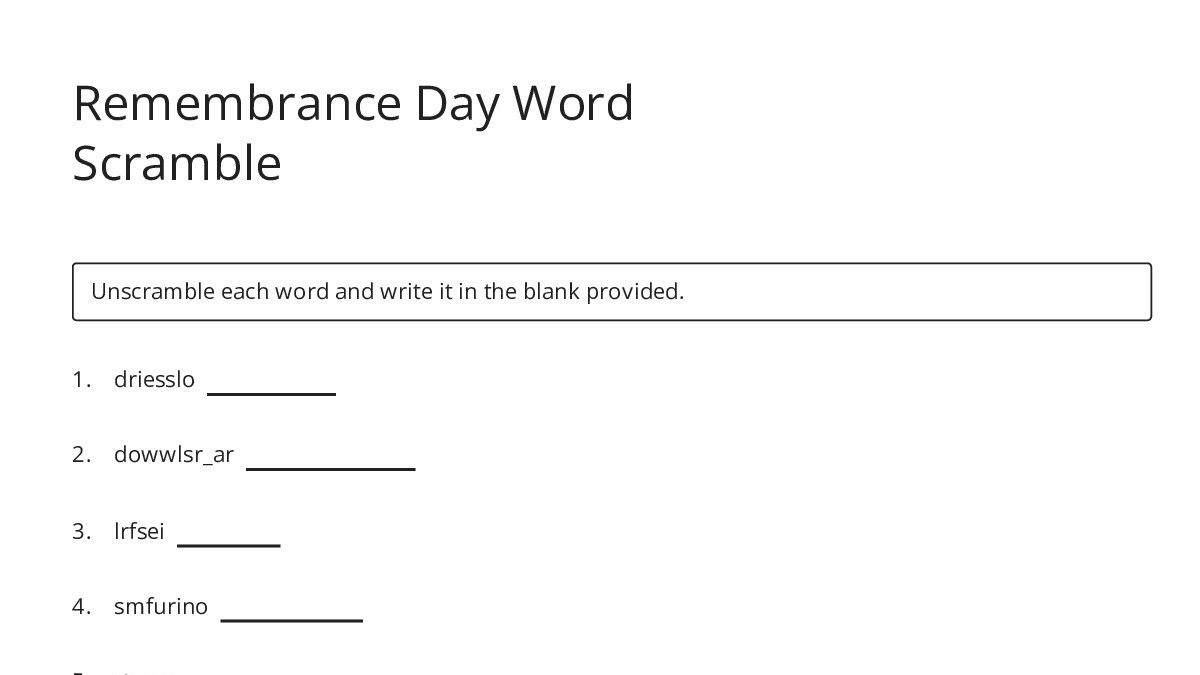 Remembrance Day Word Scramble - My Worksheet Maker: Create Your Own ...