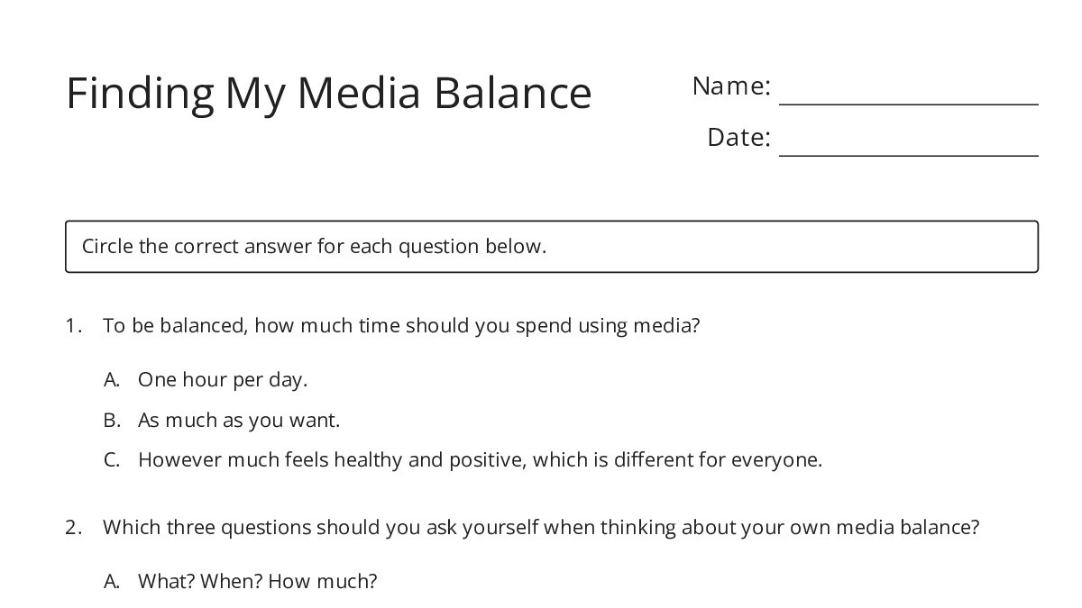Finding My Media Balance - My Worksheet Maker: Create Your Own Worksheets