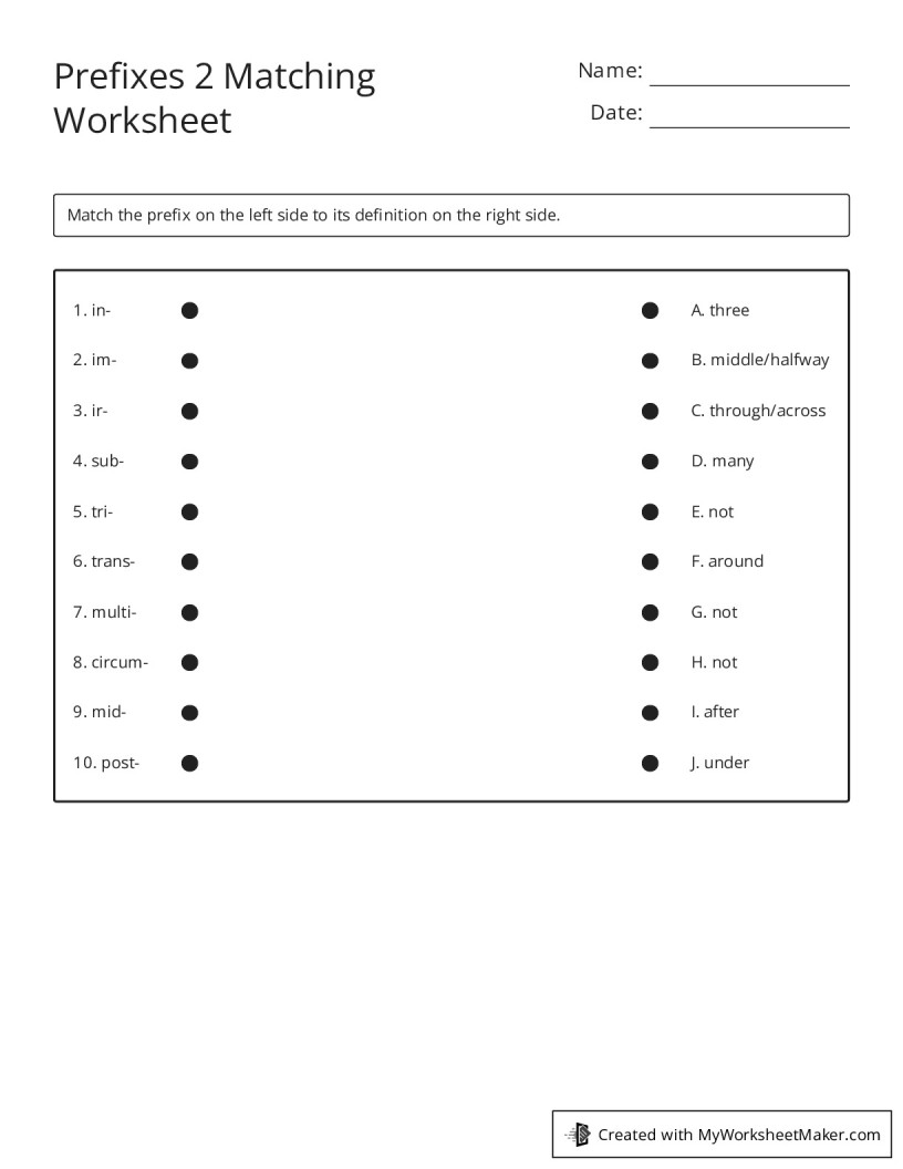 Prefixes 2 Matching Worksheet - My Worksheet Maker: Create Your Own ...