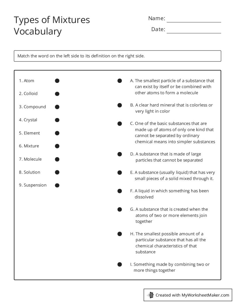 Types of Mixtures Vocabulary - My Worksheet Maker: Create Your Own ...