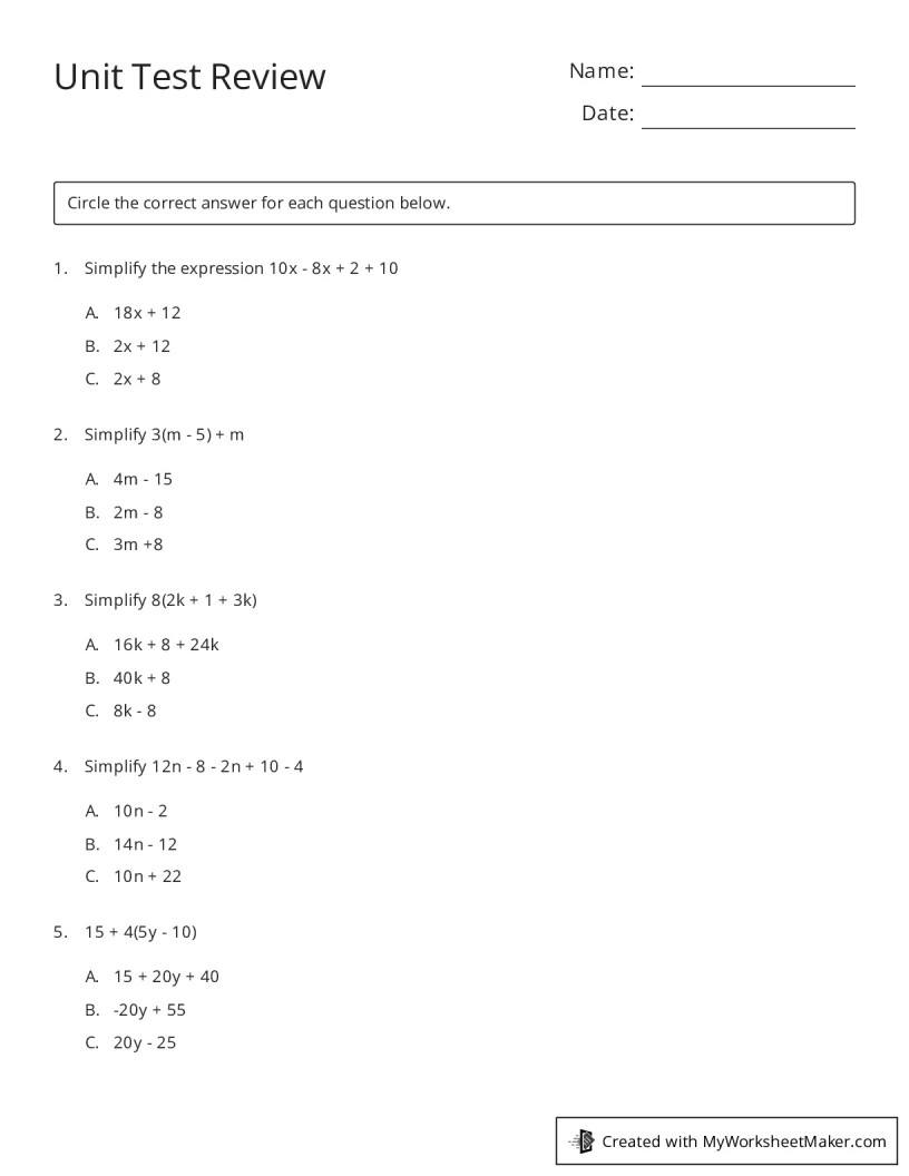 Unit Test Review - My Worksheet Maker: Create Your Own Worksheets