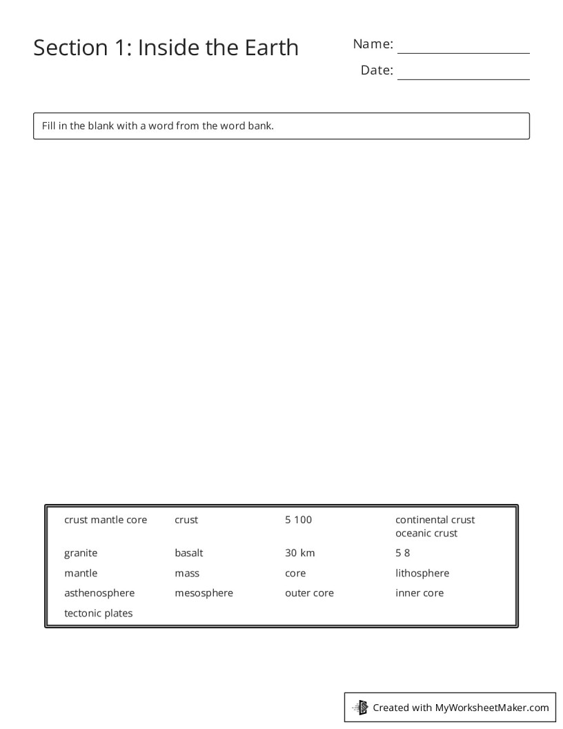 Section 1: Inside the Earth - My Worksheet Maker: Create Your Own ...