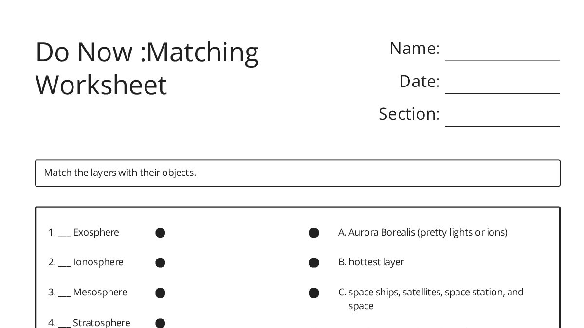 Do Now :Matching Worksheet - My Worksheet Maker: Create Your Own Worksheets