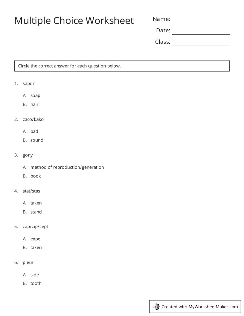 Multiple Choice Worksheet - My Worksheet Maker: Create Your Own Worksheets