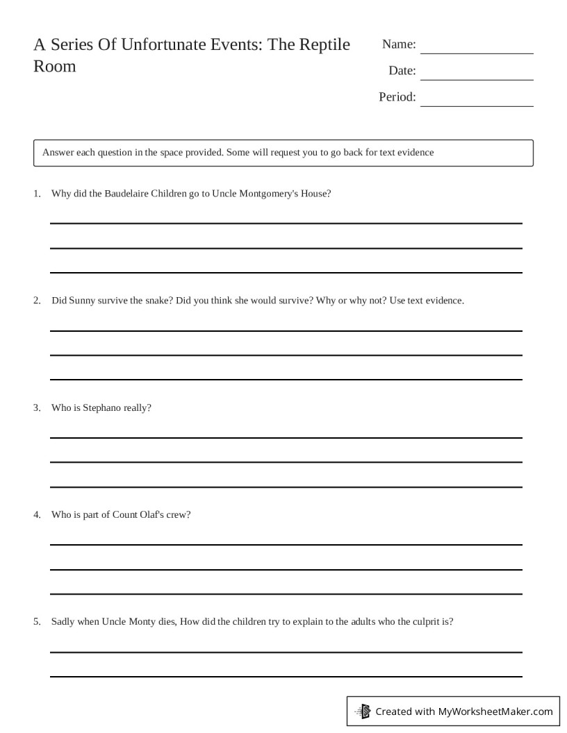 A Series Of Unfortunate Events: The Reptile Room - My Worksheet Maker ...