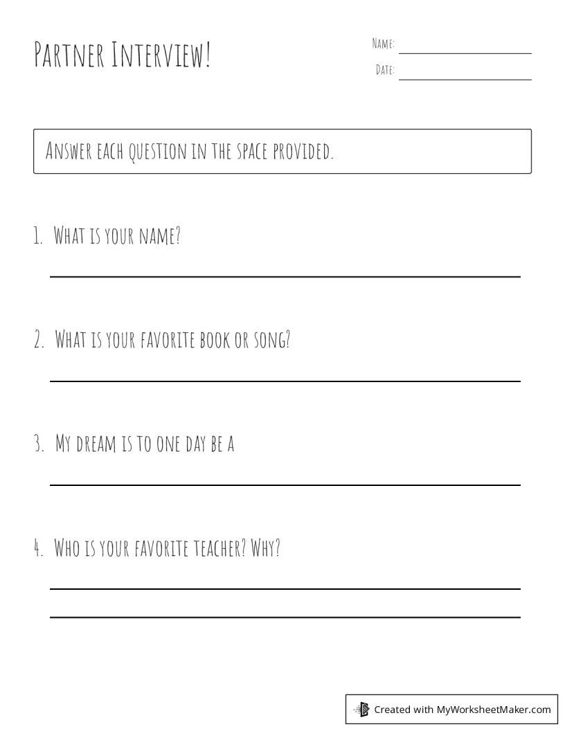 Partner Interview! - My Worksheet Maker: Create Your Own Worksheets