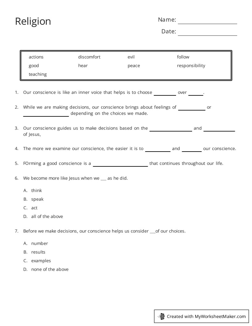 Religion - My Worksheet Maker: Create Your Own Worksheets
