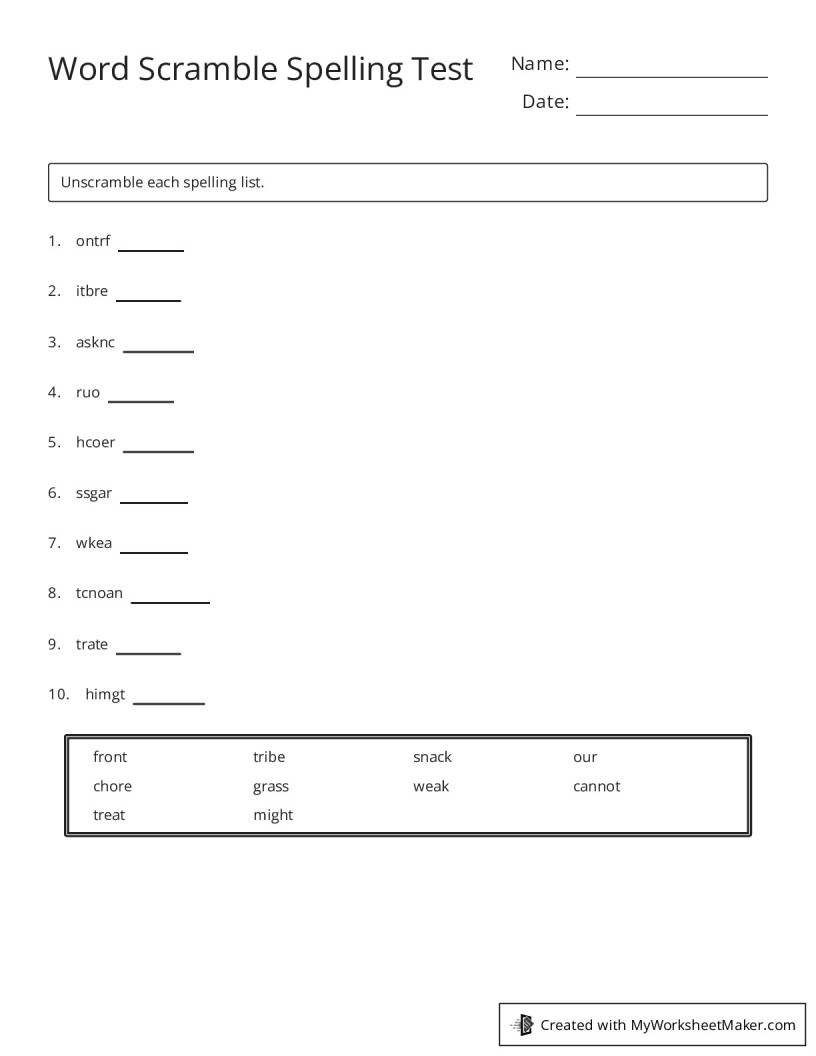 Word Scramble Spelling Test - My Worksheet Maker: Create Your Own ...