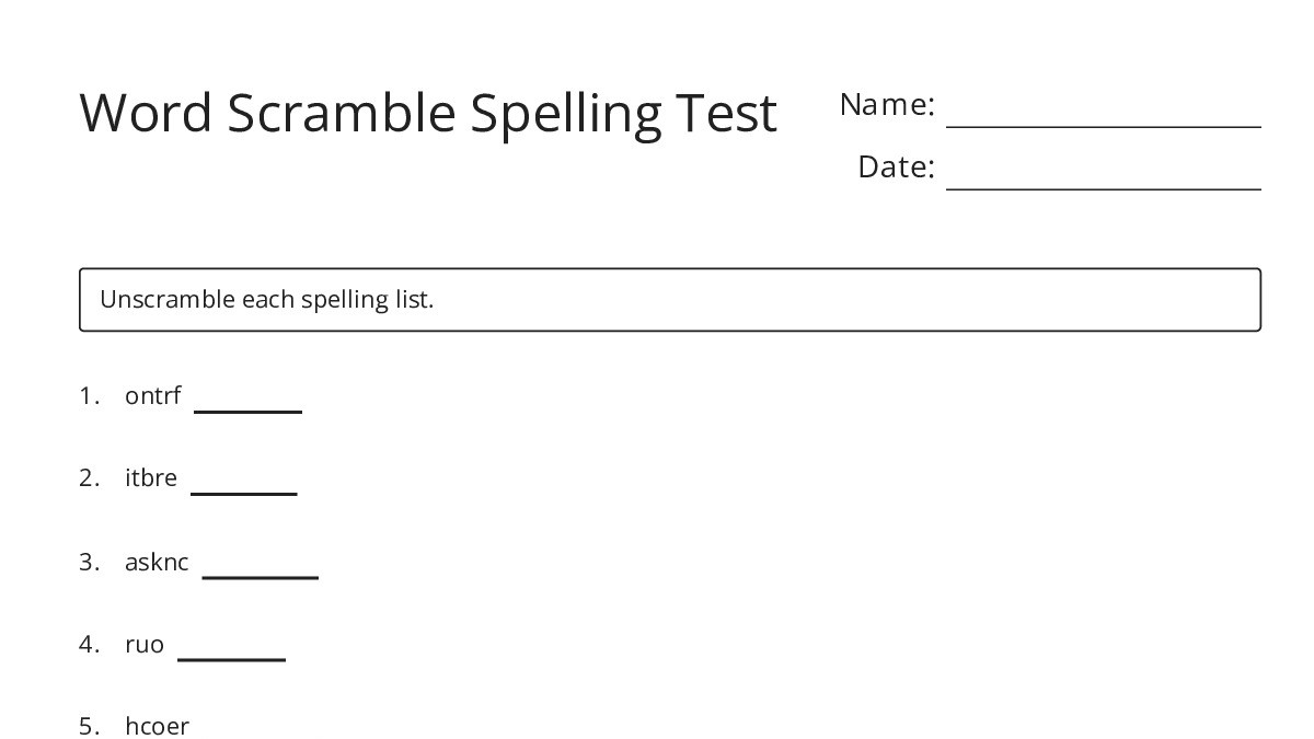 Word Scramble Spelling Test - My Worksheet Maker: Create Your Own ...