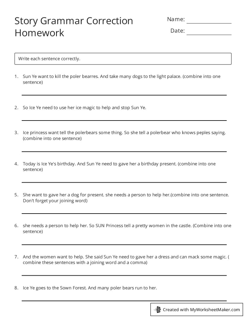 Story Grammar Correction Homework - My Worksheet Maker: Create Your Own ...