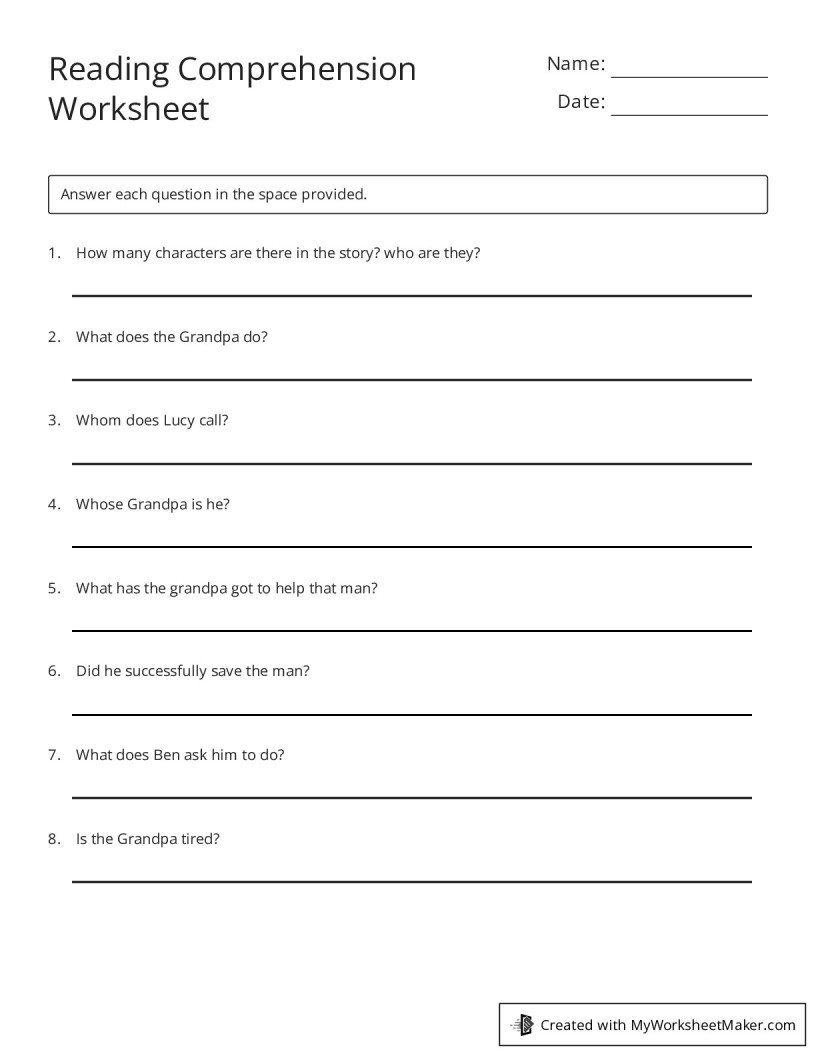 Reading Comprehension Worksheet - My Worksheet Maker: Create Your Own ...