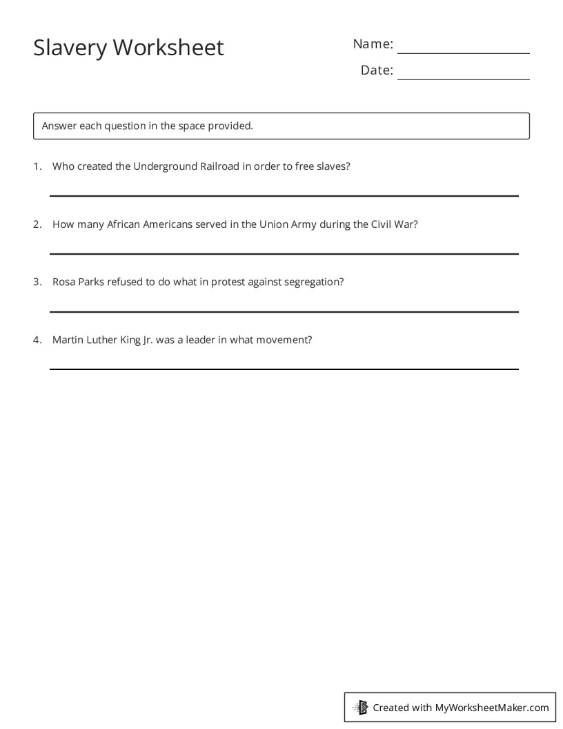 Slavery Worksheet - My Worksheet Maker: Create Your Own Worksheets