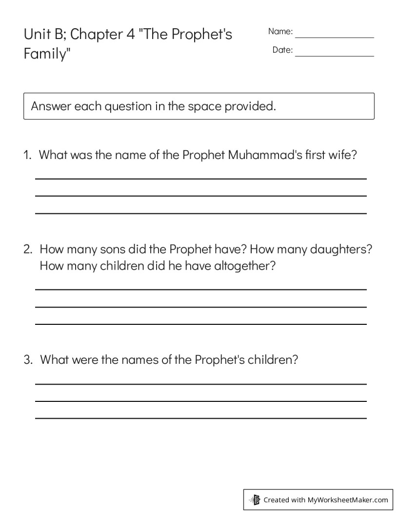 Unit B; Chapter 4 "The Prophet's Family" - My Worksheet Maker: Create ...