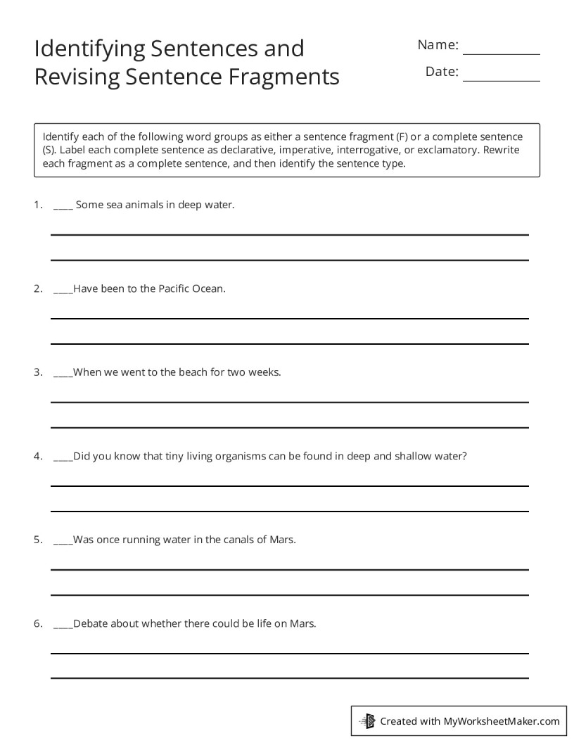 Identifying Sentences and Revising Sentence Fragments - My Worksheet ...