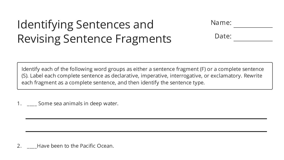 Identifying Sentences and Revising Sentence Fragments - My Worksheet ...