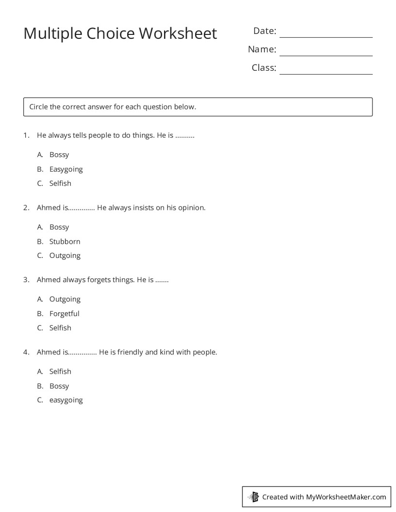Multiple Choice Worksheet - My Worksheet Maker: Create Your Own Worksheets