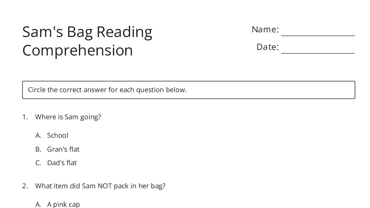 Sam's Bag Reading Comprehension - My Worksheet Maker: Create Your Own ...