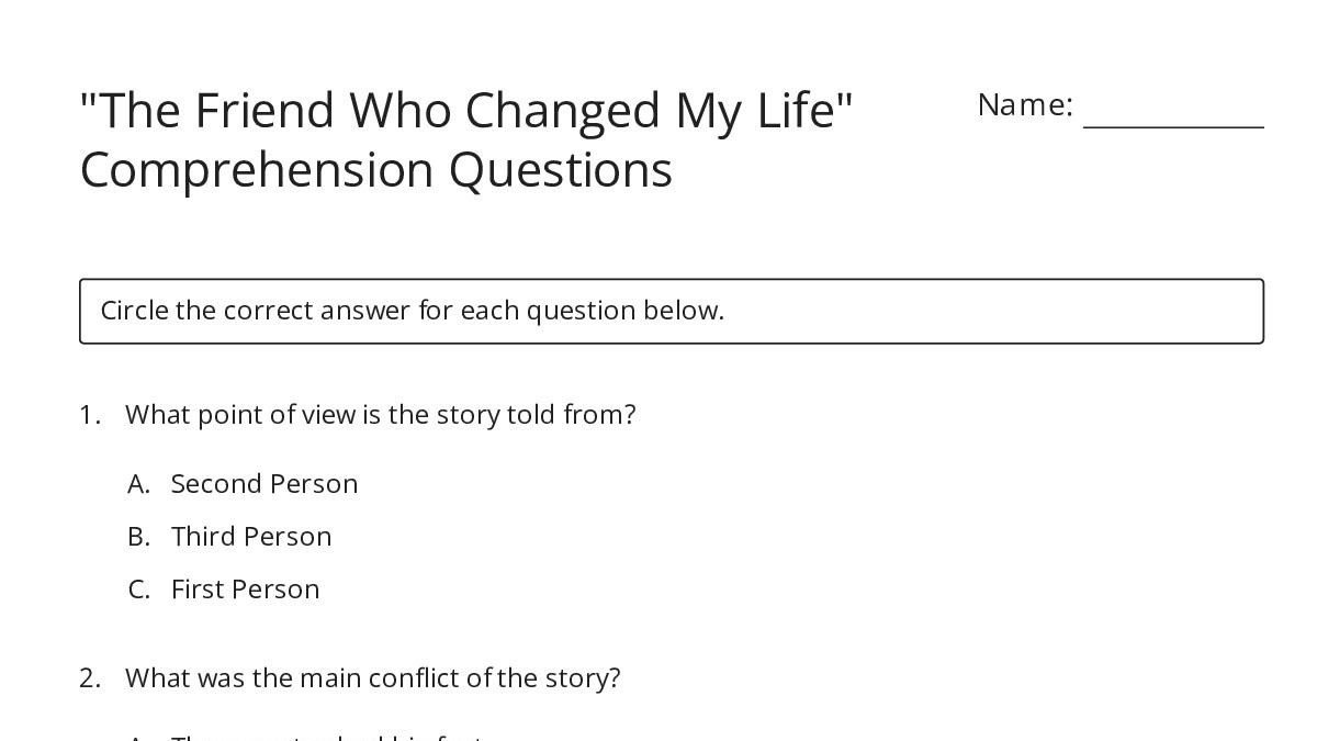 "The Friend Who Changed My Life" Comprehension Questions - My Worksheet ...