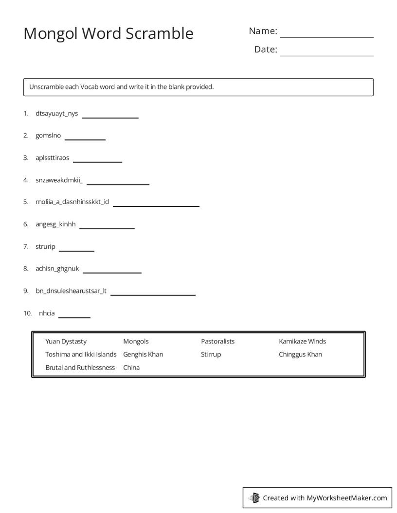 Mongol Word Scramble - My Worksheet Maker: Create Your Own Worksheets
