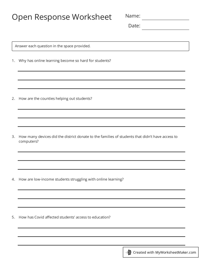 Open Response Worksheet - My Worksheet Maker: Create Your Own Worksheets