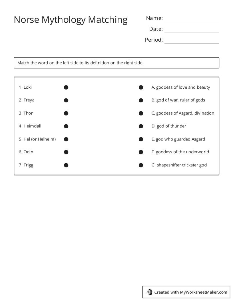 Norse Mythology Matching - My Worksheet Maker: Create Your Own Worksheets