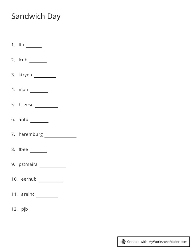 Sandwich Day - My Worksheet Maker: Create Your Own Worksheets