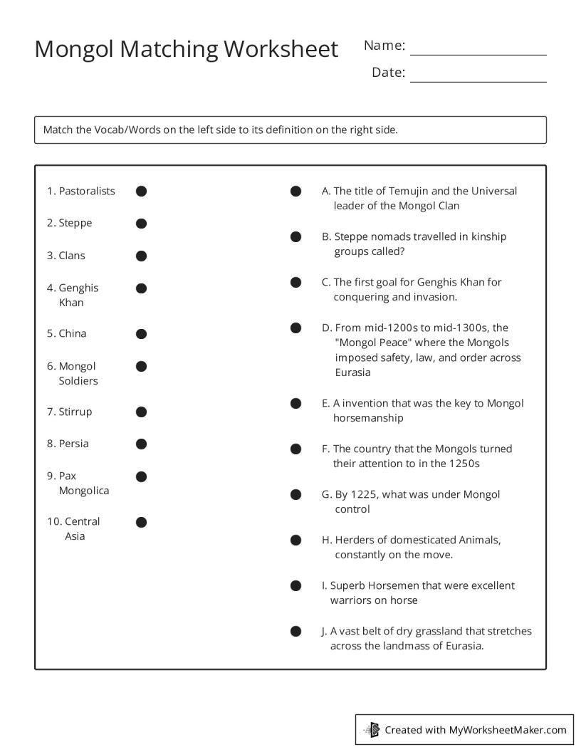 Mongol Matching Worksheet - My Worksheet Maker: Create Your Own Worksheets