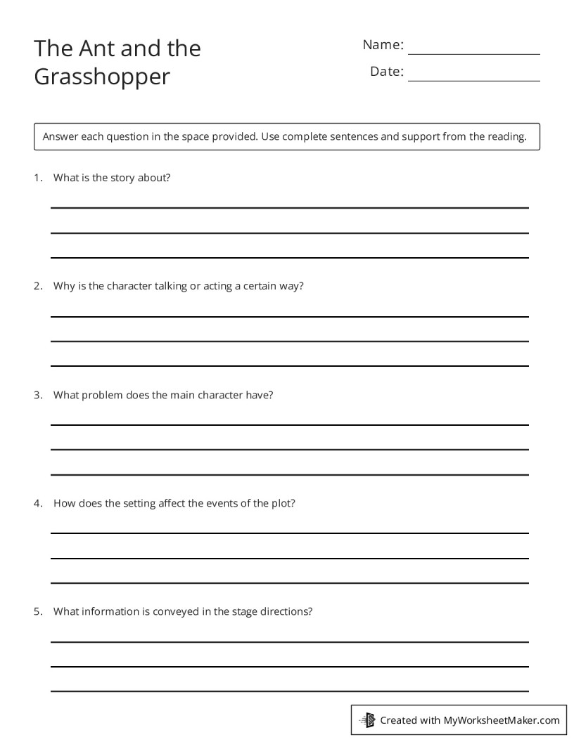 The Ant and the Grasshopper - My Worksheet Maker: Create Your Own ...