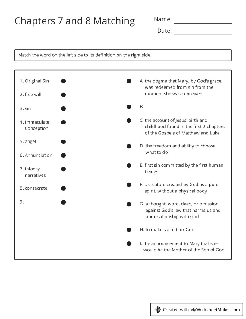 Chapters 7 and 8 Matching - My Worksheet Maker: Create Your Own Worksheets