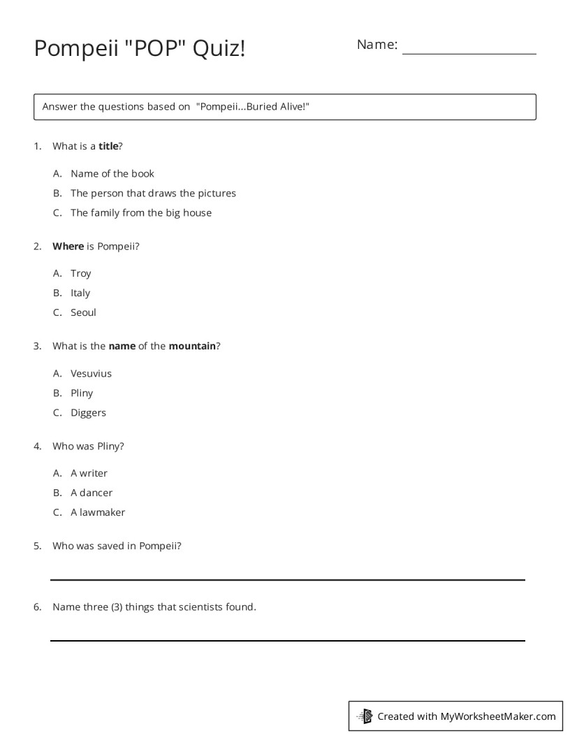 Pompeii "POP" Quiz! - My Worksheet Maker: Create Your Own Worksheets