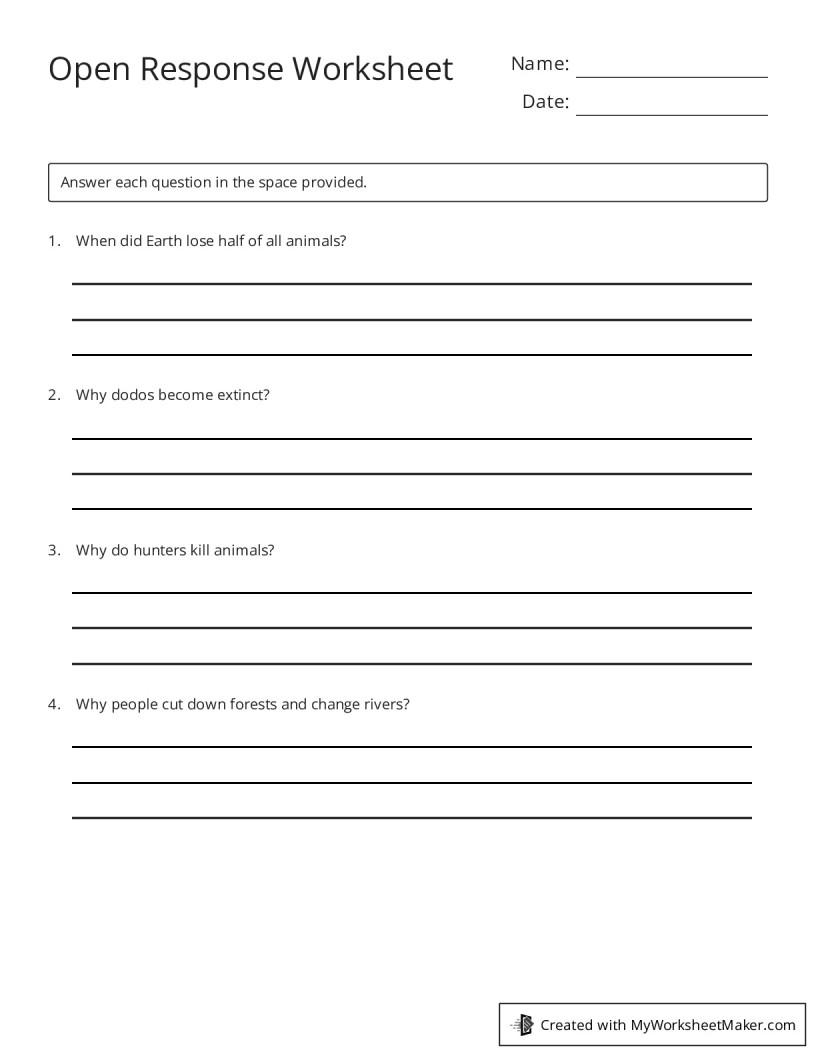 Open Response Worksheet - My Worksheet Maker: Create Your Own Worksheets